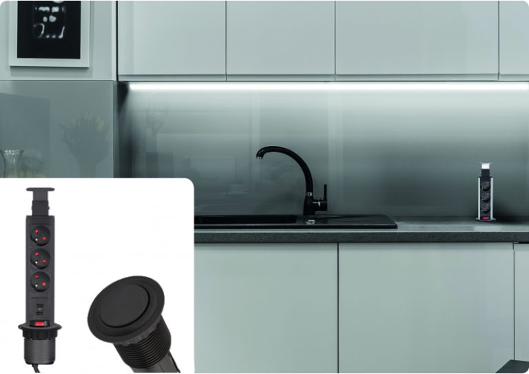 Pop up slim stikkontakt (sort) » Med 3 stik og 2 USB stik