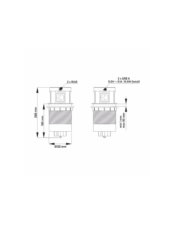 Pop up multibox 4x 230V, 2 x USB Type A og C, 3,1A i alt 15,5W, 2 x ...